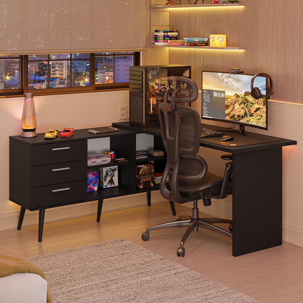 Escritorio Esquinero para Computadora Gamer 3 Cajones Negro Lisboa 09 ...